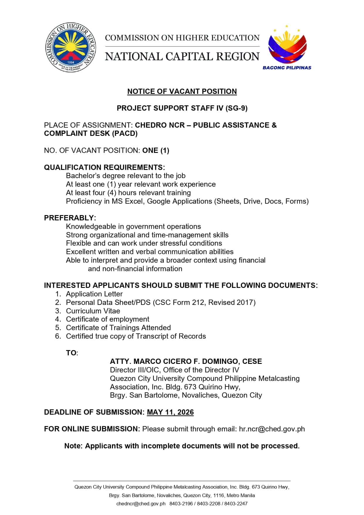 Commission on Higher Education - NCR