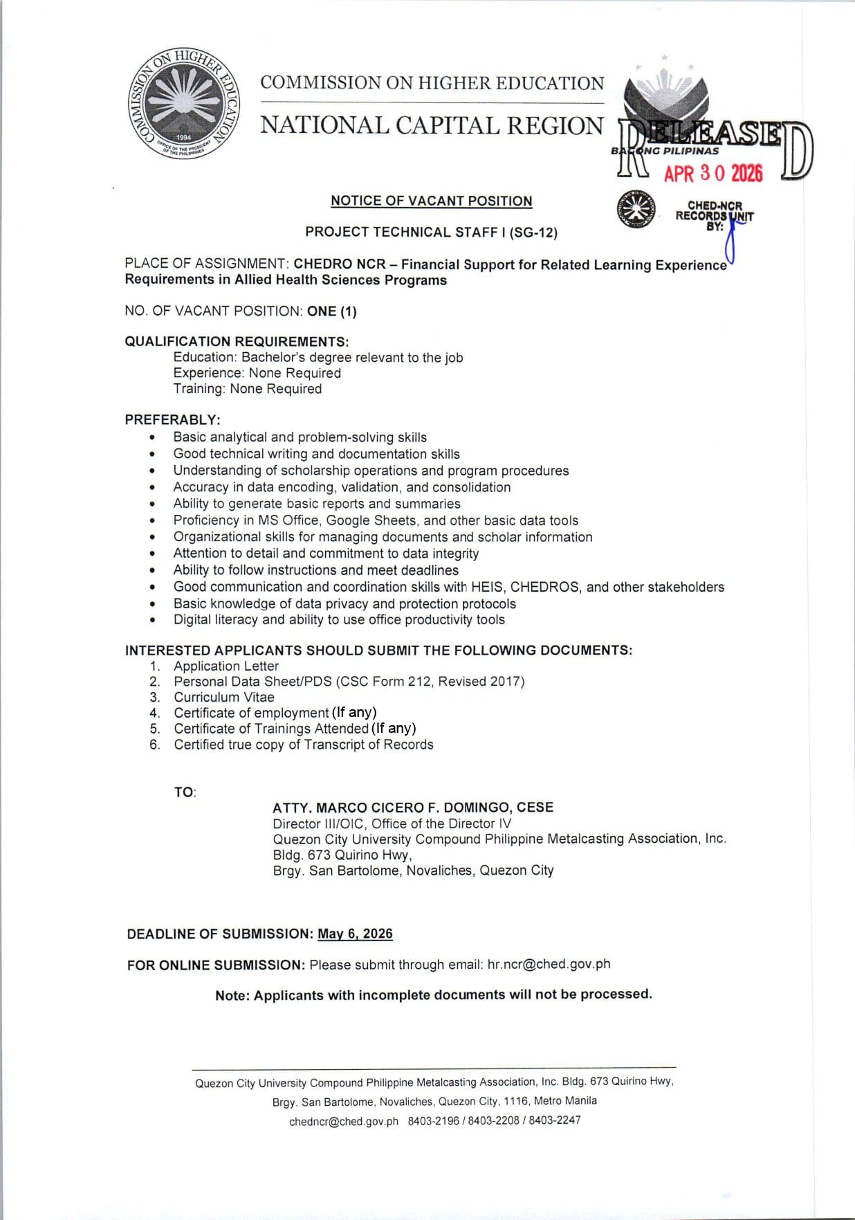Commission on Higher Education - NCR